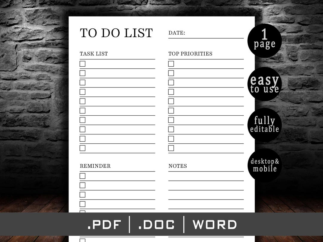 To Do List Template Pdf Docx Word to Do List Checklist Form Template ...