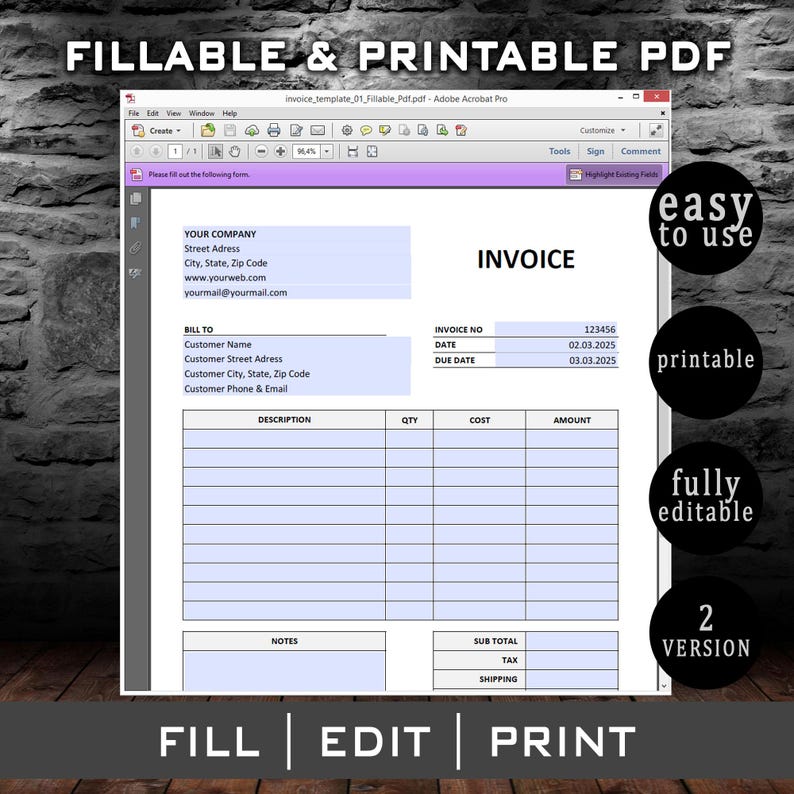 Fillable Invoice Template PDF (auto-total) · A4 & US Letter · Small ...