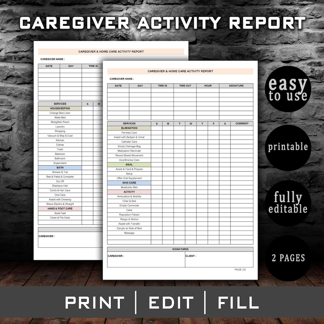 Home Health Caregiver Activity Report, Elder Care Checklist, Caregiver ...