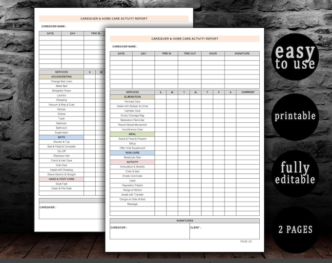 Home Health Caregiver Activity Report, Elder Care Checklist, Caregiver ...