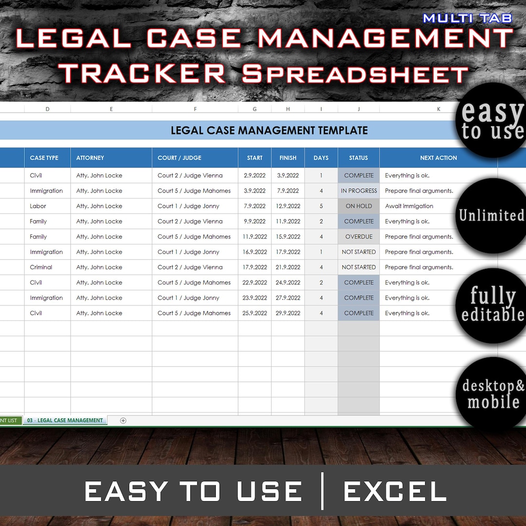 Legal Case Management Spreadsheet for Attorneys, Attorney Case Tracker ...
