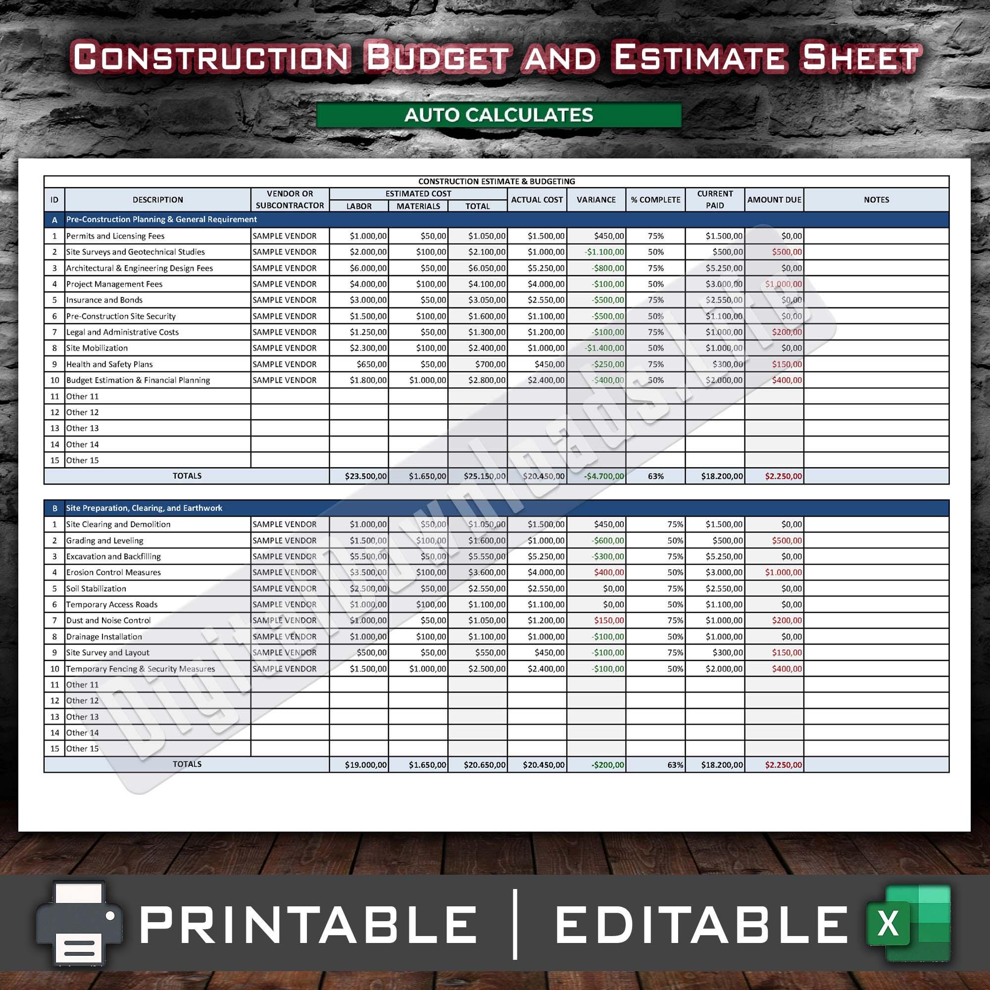 Construction Budget and Estimate Template | Construction Bid ...