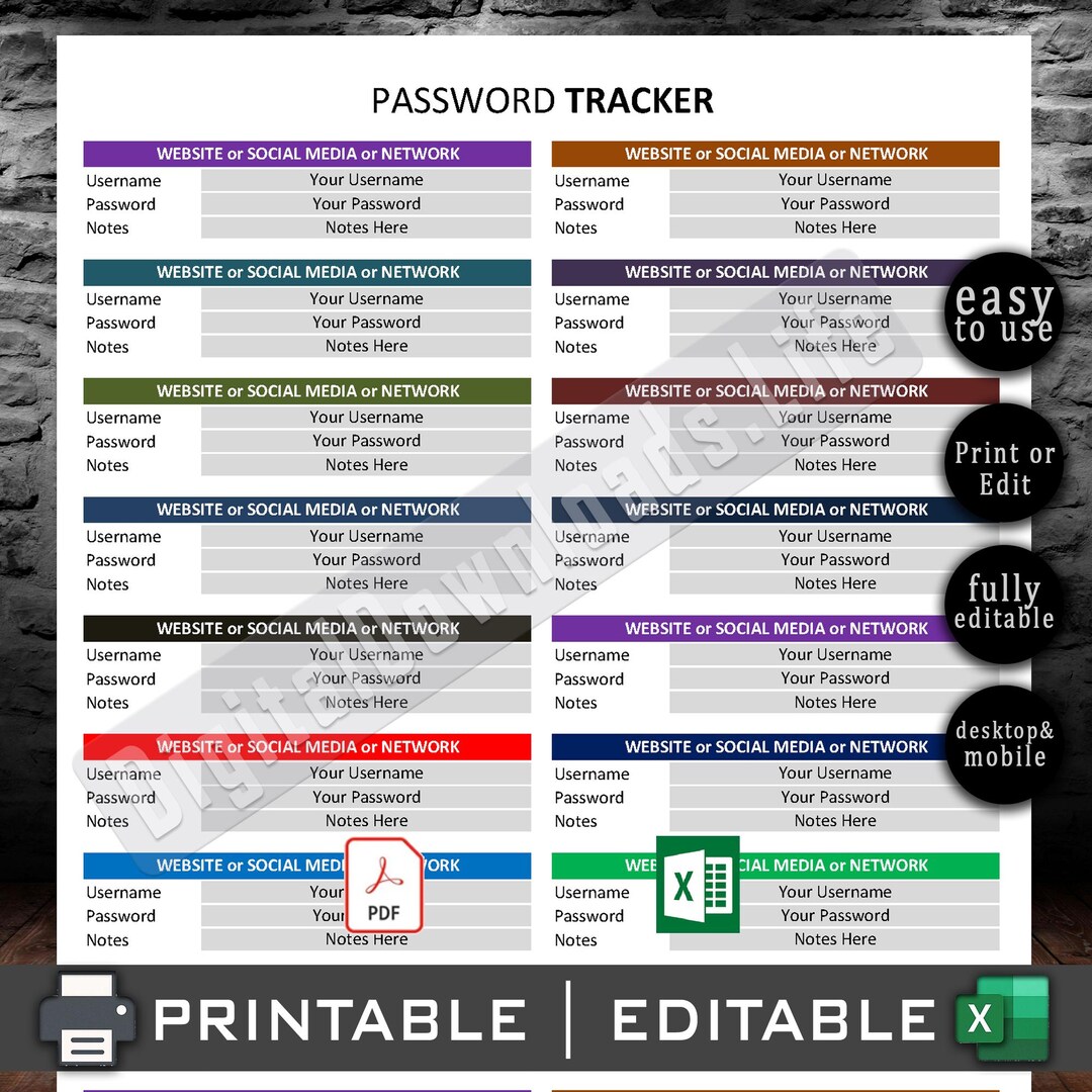 Password Tracker Excel Spreadsheet | Printable Password Organizer & Log ...