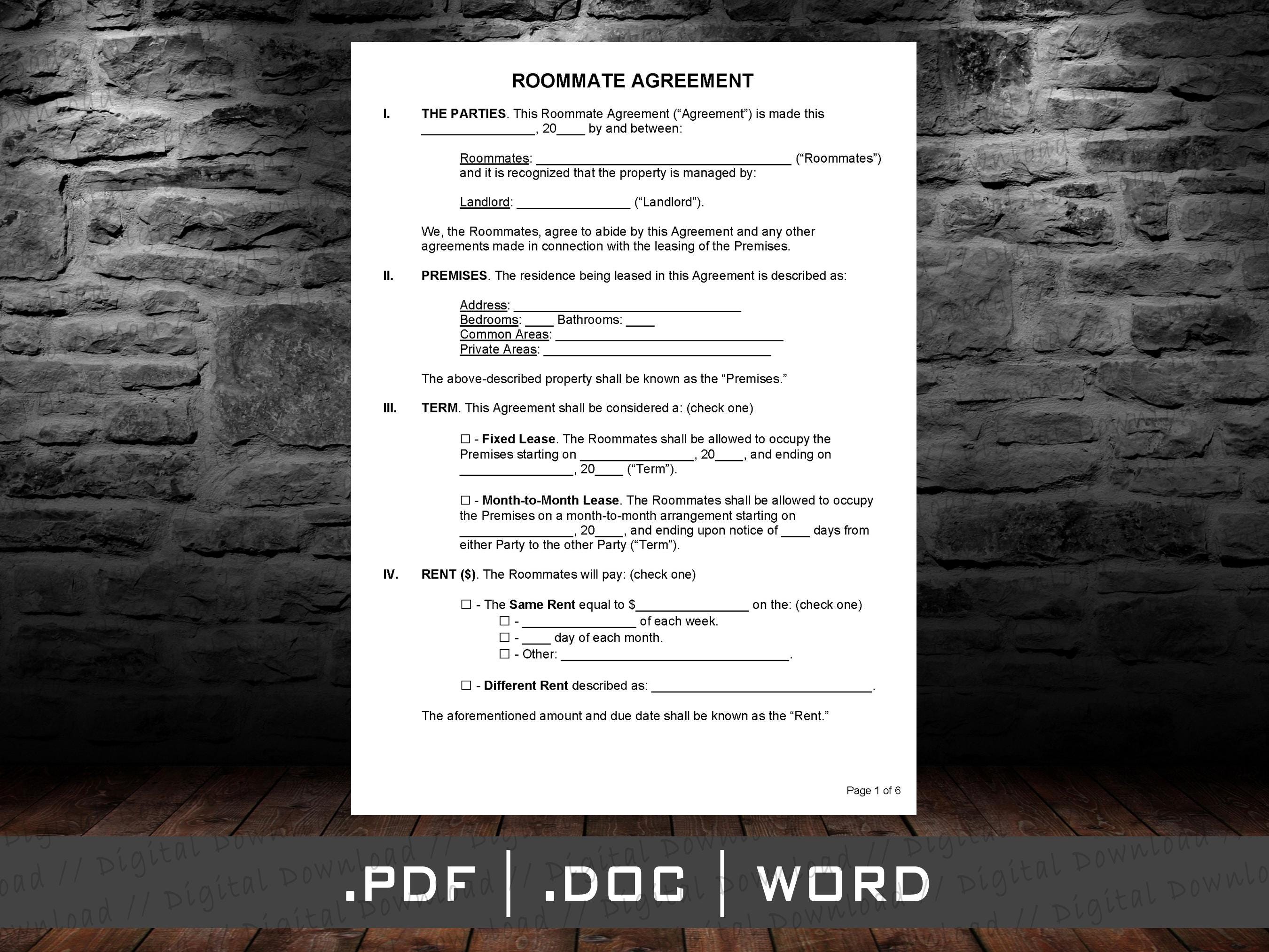 Roommate Agreement Form PDF Docx Word, Printable First Apartment ...