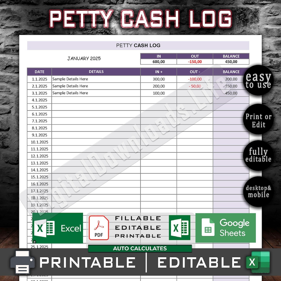 Petty Cash Log Template – Excel, Google Sheets & PDF | Auto-calculating ...