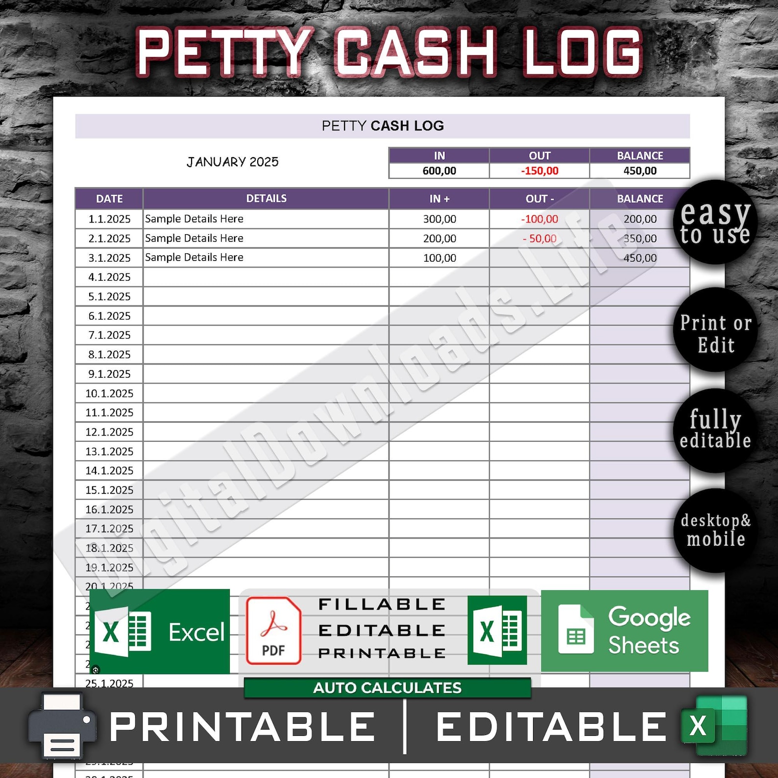 Petty Cash Log Template – Excel, Google Sheets & PDF | Auto-calculating ...