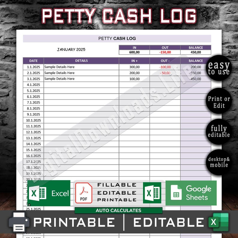 Petty Cash Log Template – Excel, Google Sheets & PDF | Auto-calculating ...