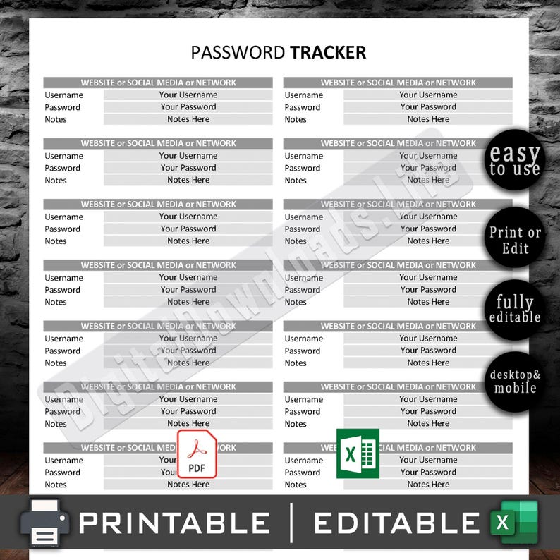 Password Tracker Excel Spreadsheet | Printable Password Organizer & Log ...