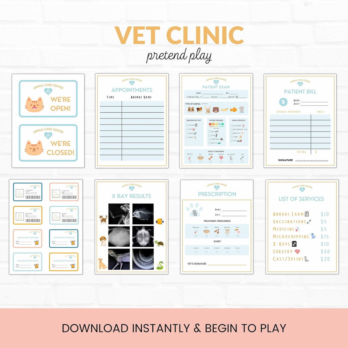 Vet Clinic Pretend Play Printable, Pretend Veterinary Set, Vet Dramatic ...