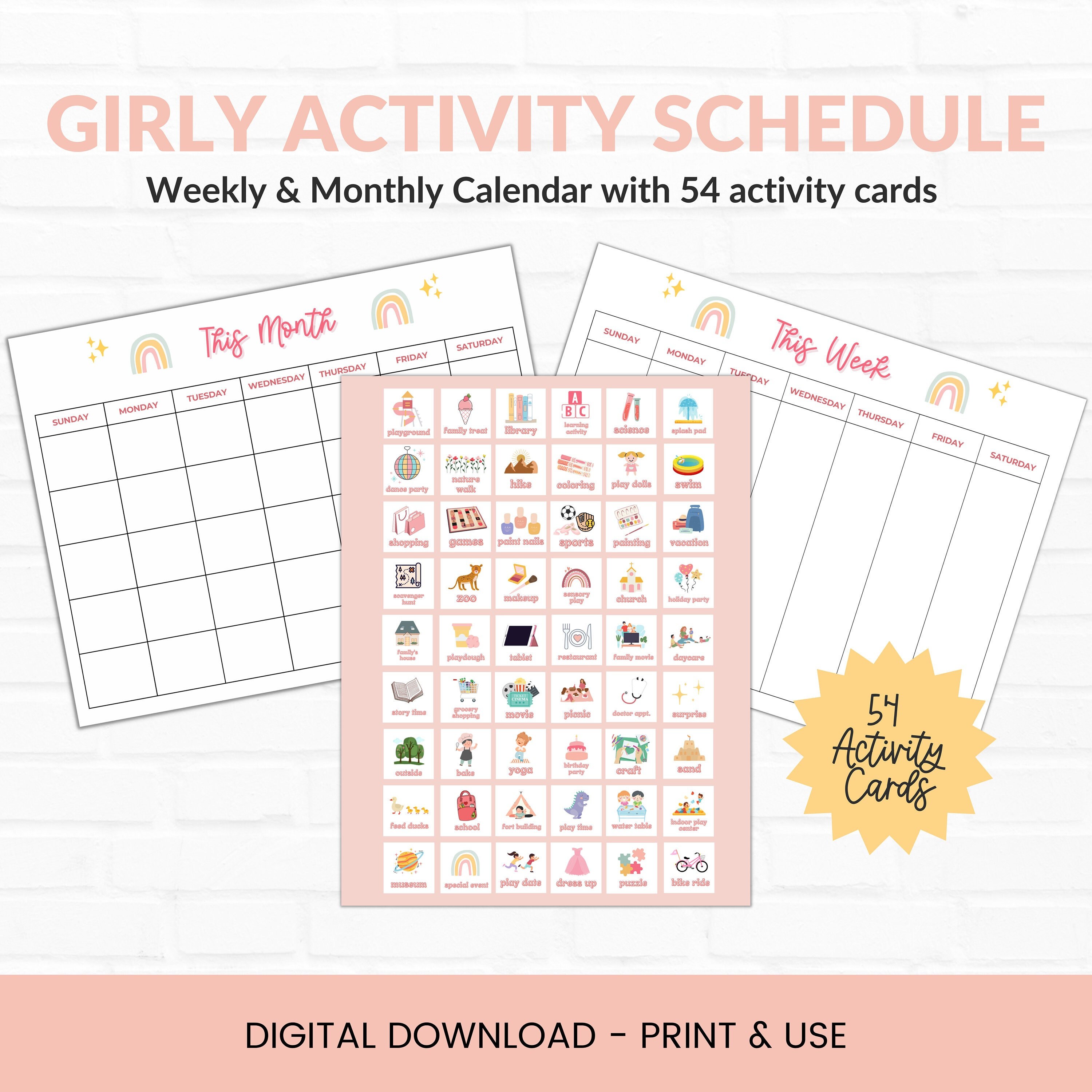 Girly Activity Schedule, Activity Calendar With Activity Cards, - Etsy