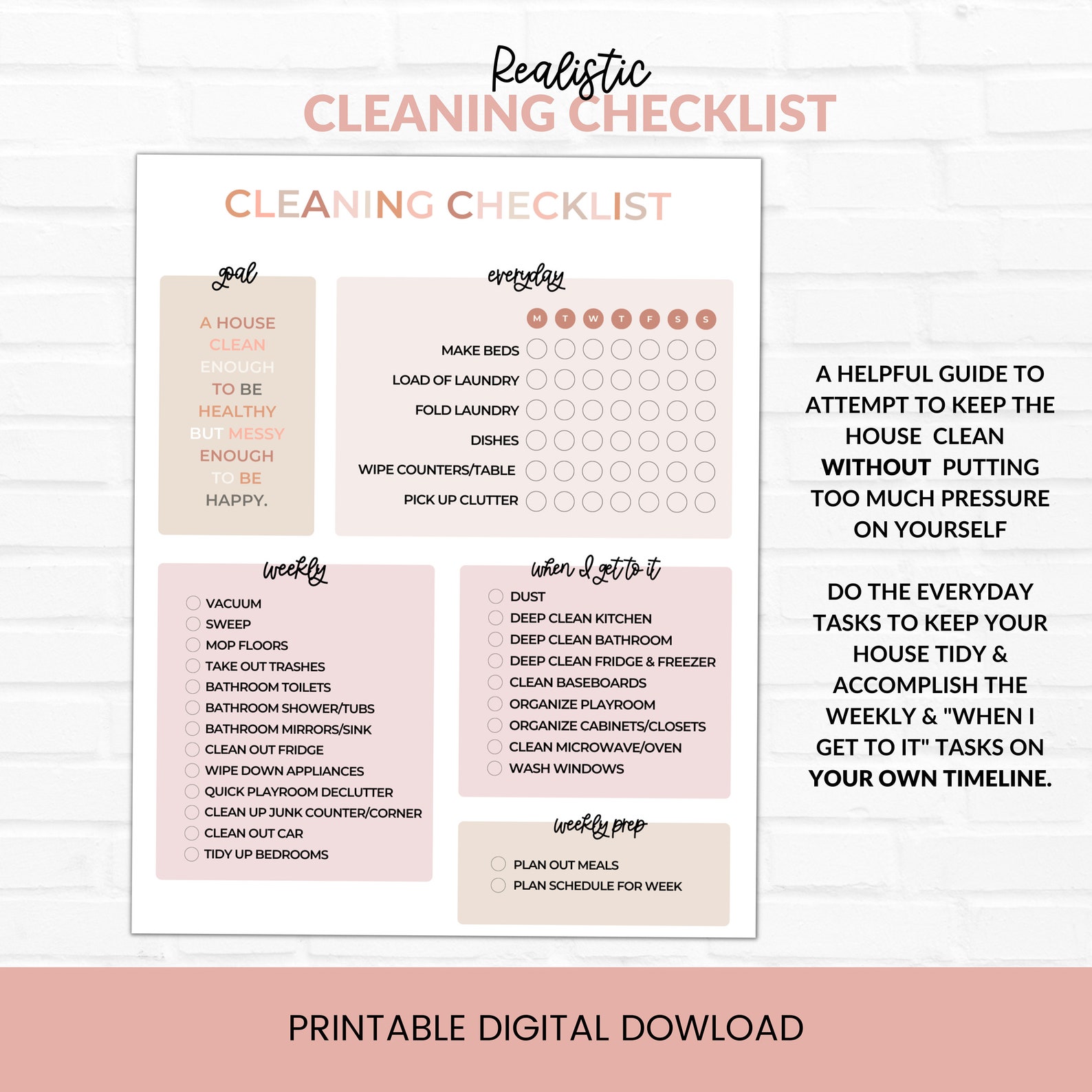 Realistic Cleaning Checklist for Moms, Mom Cleaning Schedule, Simple ...