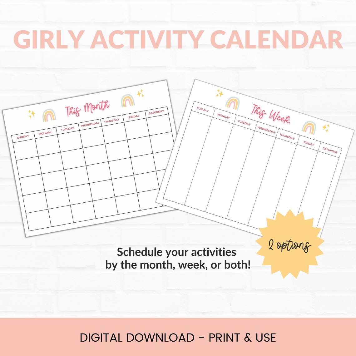Girly Activity Schedule, Activity Calendar With Activity Cards, - Etsy