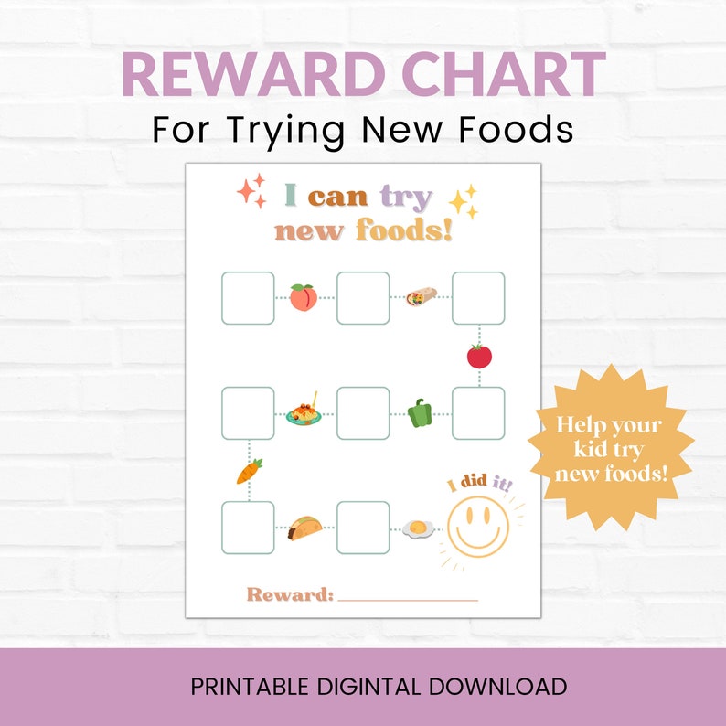 Reward Chart for Trying New Foods, New Foods Chart, Kid's Reward Chart ...