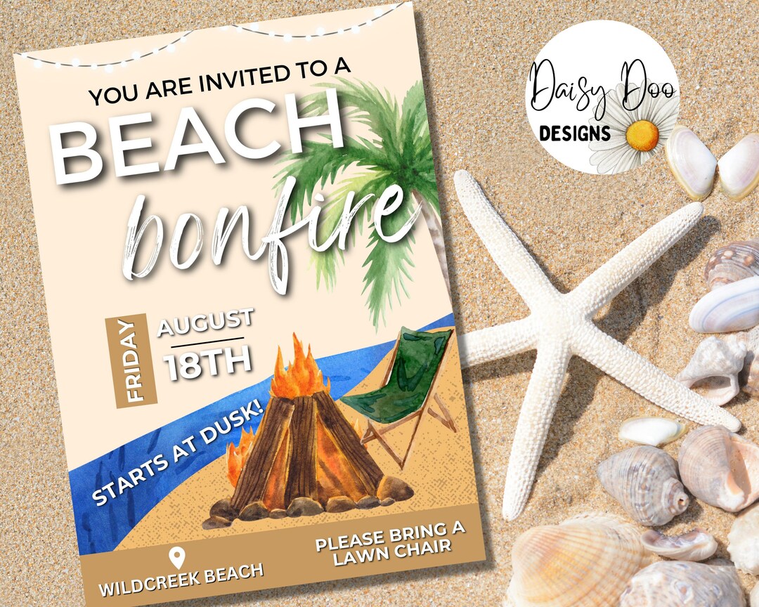 Beach Bonfire Invitation, Beach Bonfire, Beach Party Invite, Bonfire ...