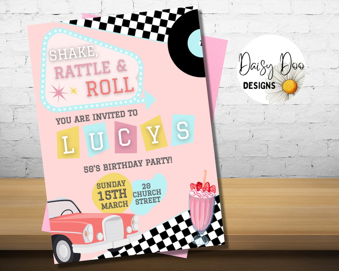 Invitación de cumpleaños de los años 50, invitación a la fiesta de los años 50, invitación a la ...