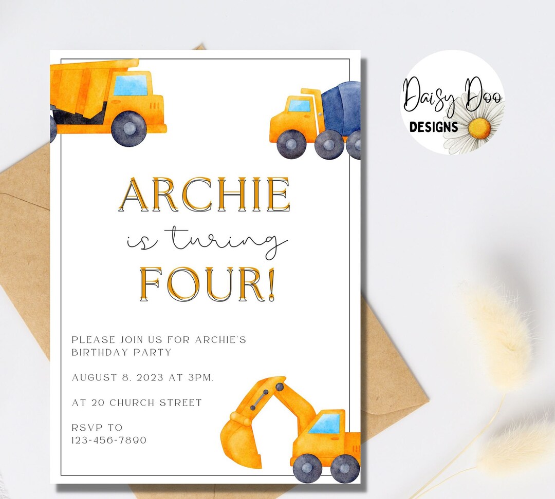 Construction Birthday Invitation Digger Birthday Invite, Truck Birthday ...