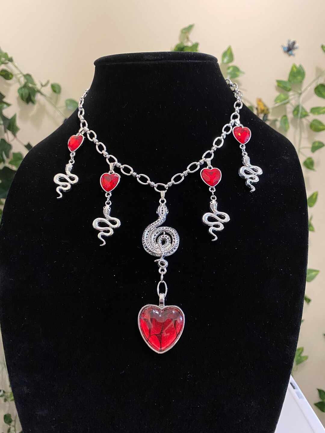 Goth Silver Snake Necklace With Red Crystal Hearts and Knotted ...