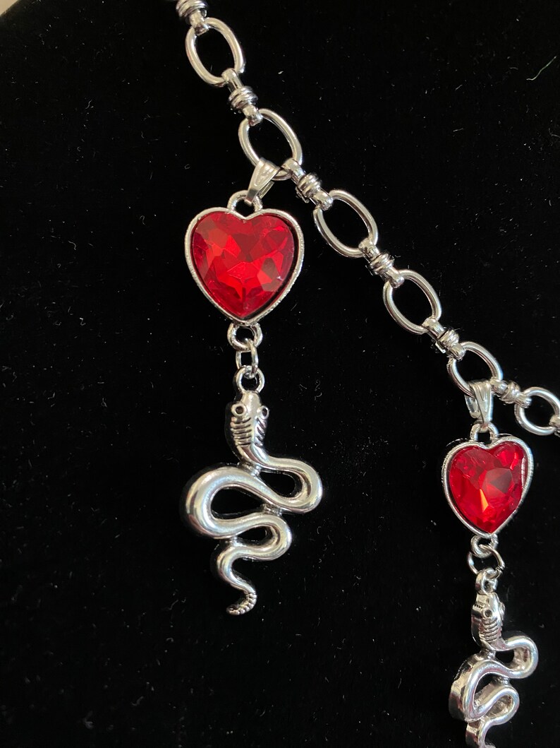 Goth Silver Snake Necklace With Red Crystal Hearts and Knotted ...