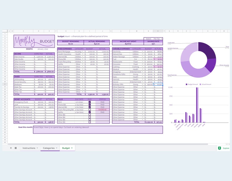 Monthly Budget Spreadsheet - Google Sheets (purple) - Etsy