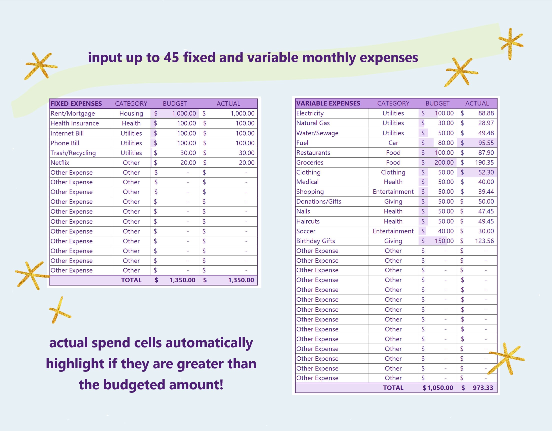 Monthly Budget Spreadsheet - Excel (purple) - Etsy