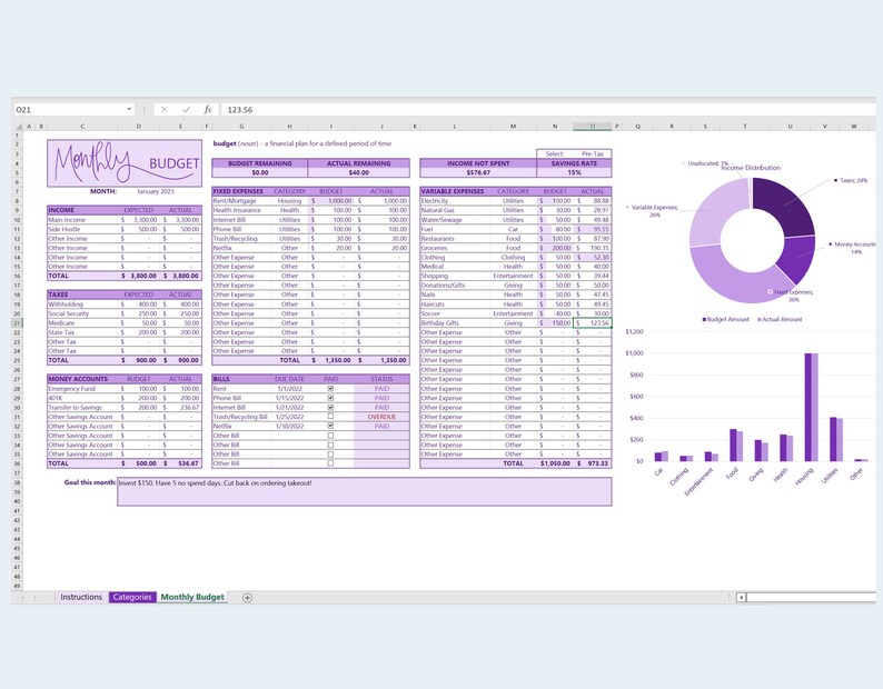 Monthly Budget Spreadsheet - Excel (purple) - Etsy
