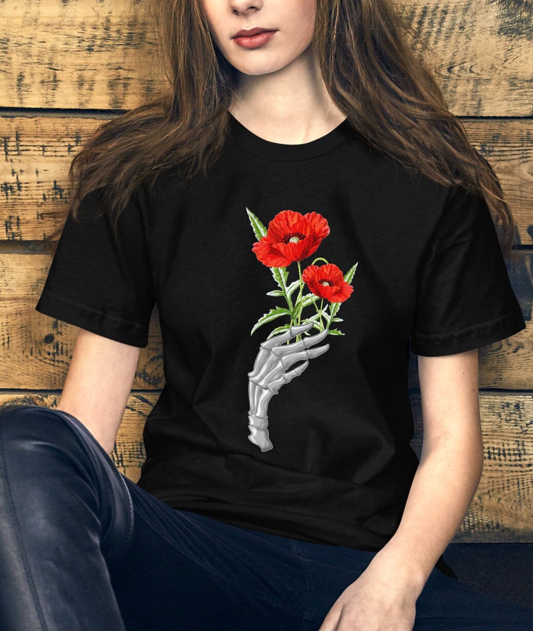 Skeleton Hand Holding Poppy Flowers Unisex Graphic T-shirt, Poppy ...
