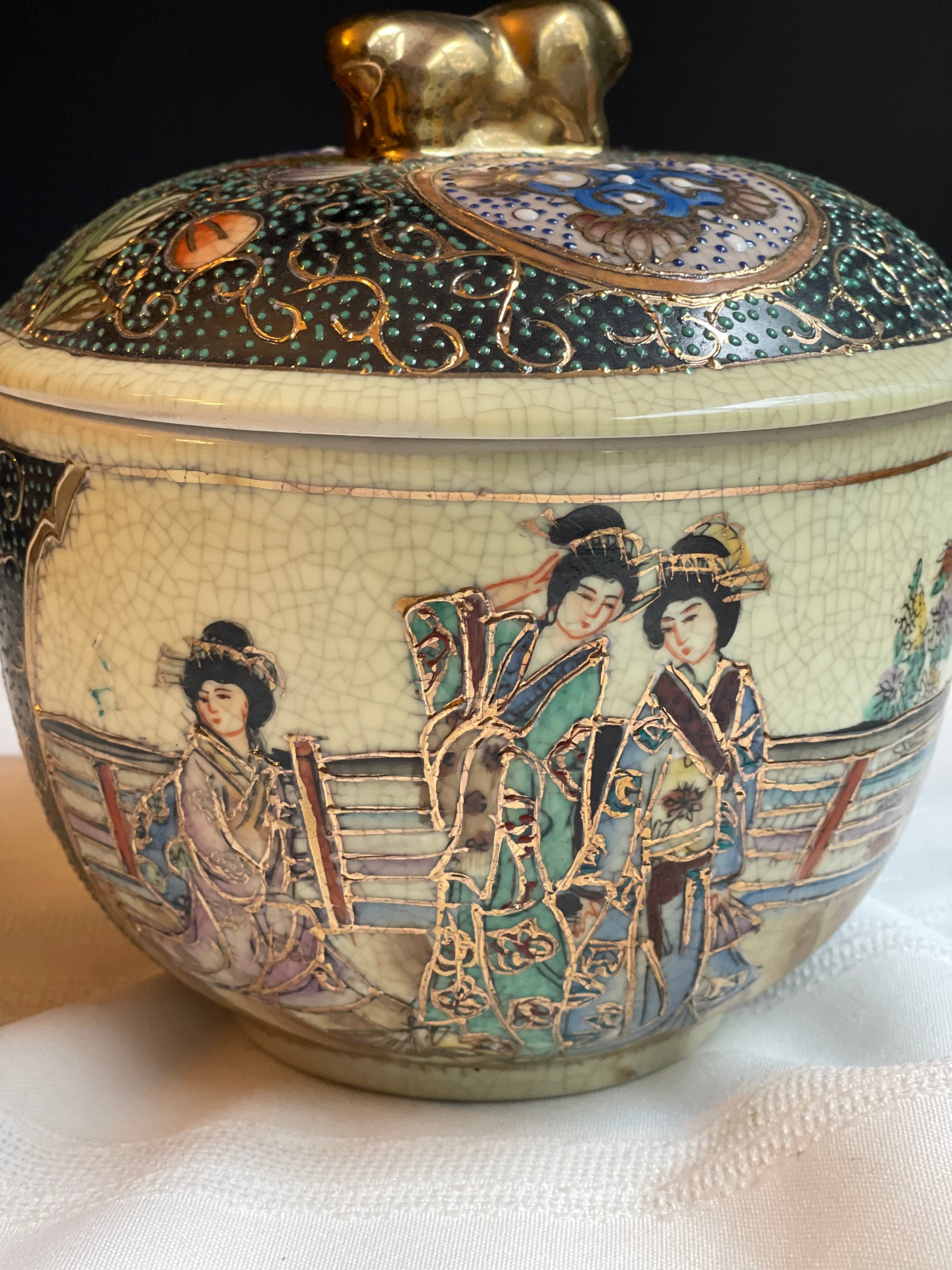 Vintage Hand Painted Satsuma Bowl With Gold Leaf Trim, and Lid. - Etsy