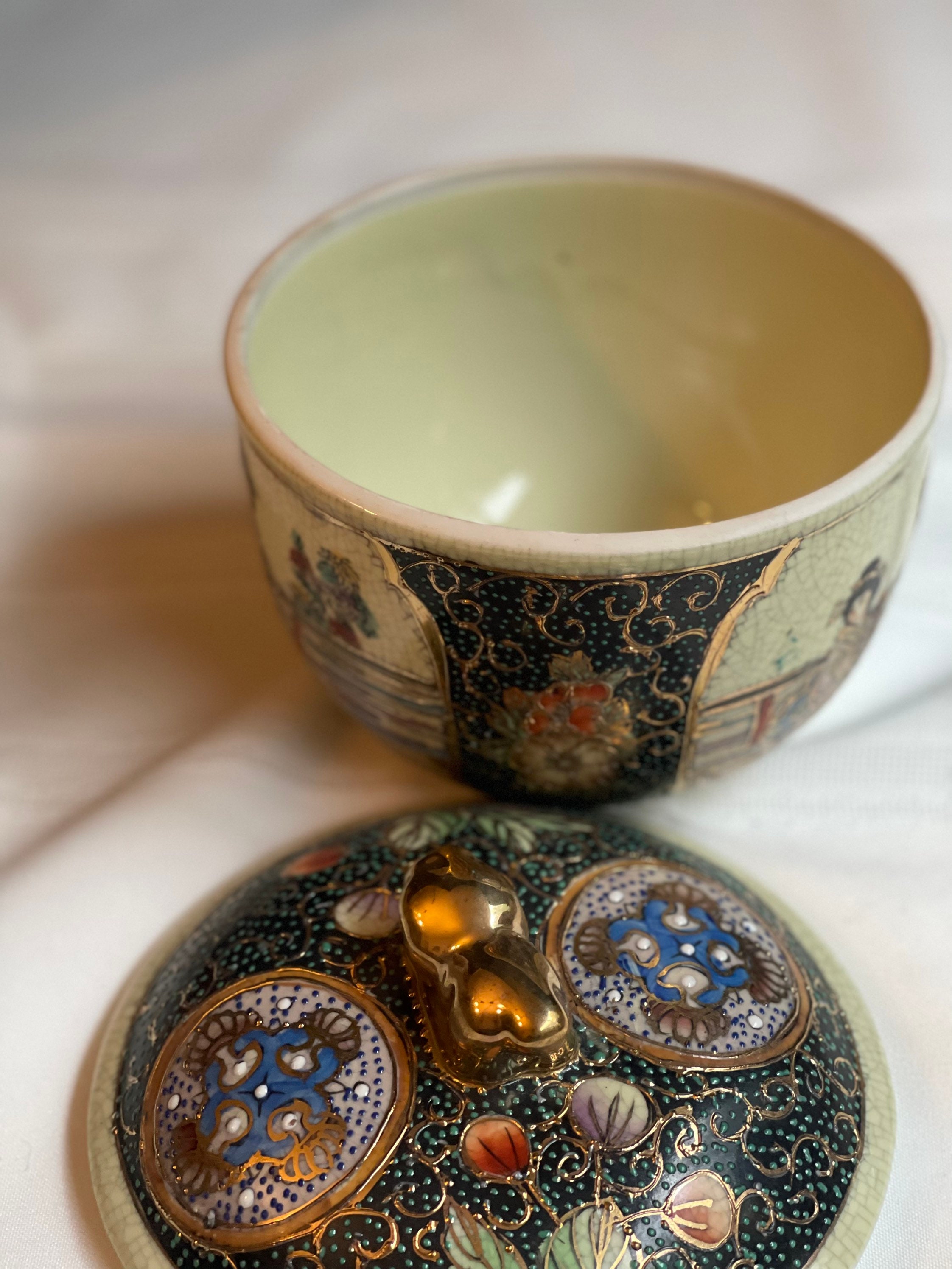 Vintage Hand Painted Satsuma Bowl With Gold Leaf Trim, and Lid. - Etsy