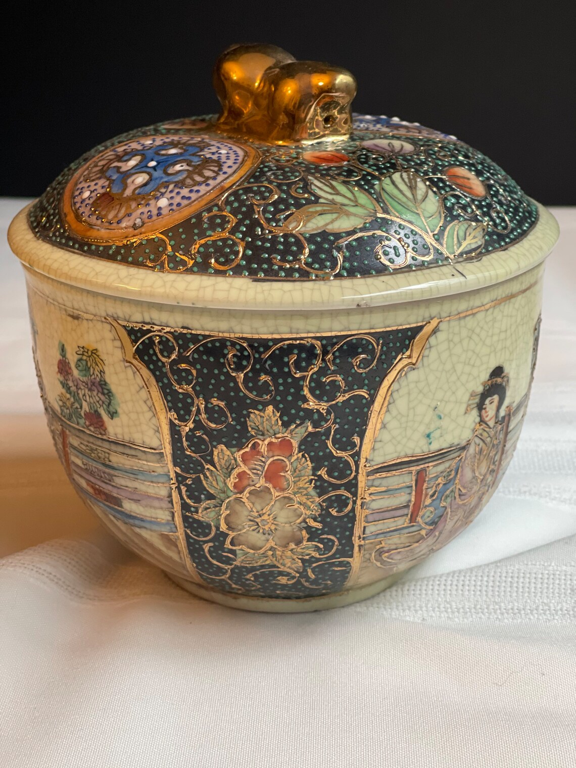 Vintage Hand Painted Satsuma Bowl With Gold Leaf Trim, and Lid. - Etsy