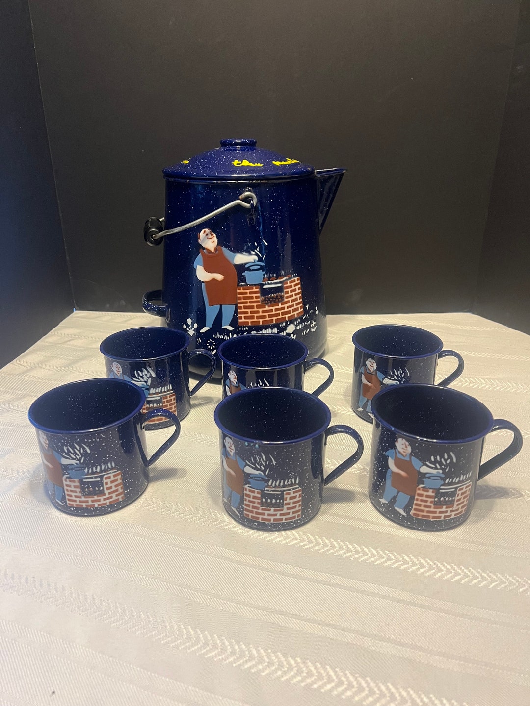 Antique Vintage Blue Speckled Tin Kettle & 6 Mugs CHEF Party UNIQUE ...