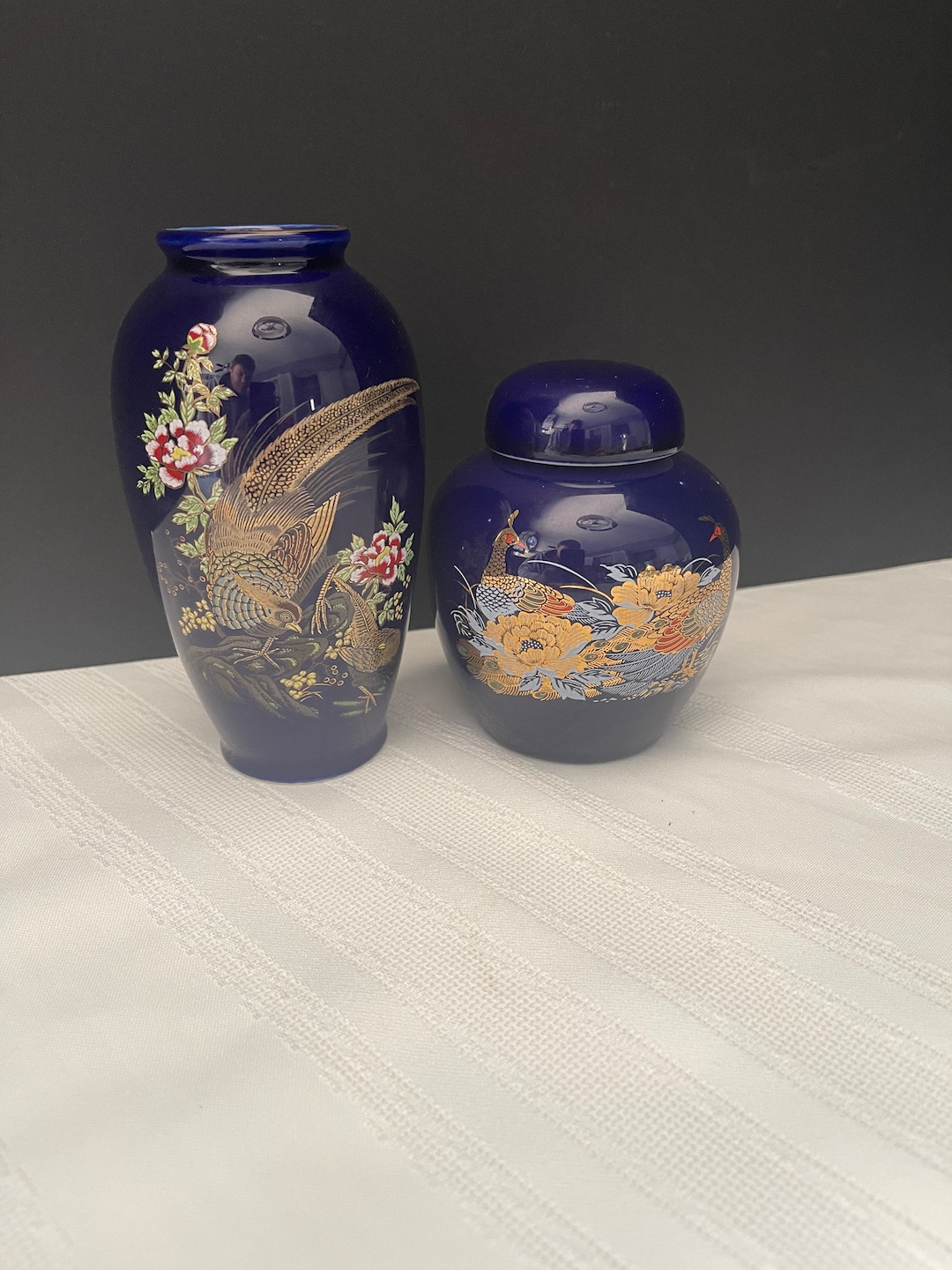 Vintage Cobalt Blue Peacock Vase and Ginger Jar. - Etsy