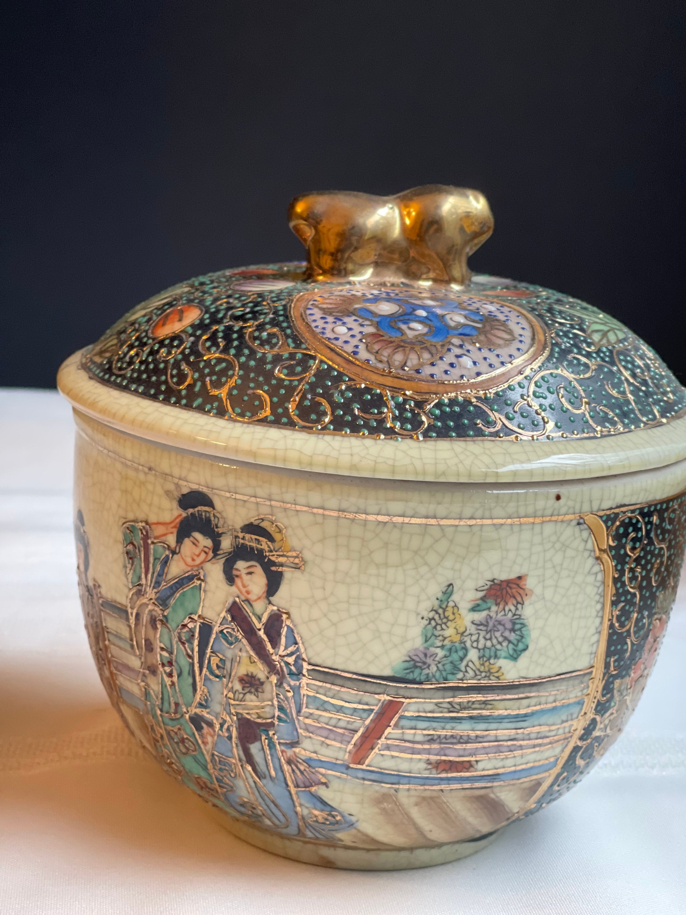 Vintage Hand Painted Satsuma Bowl With Gold Leaf Trim, and Lid. - Etsy