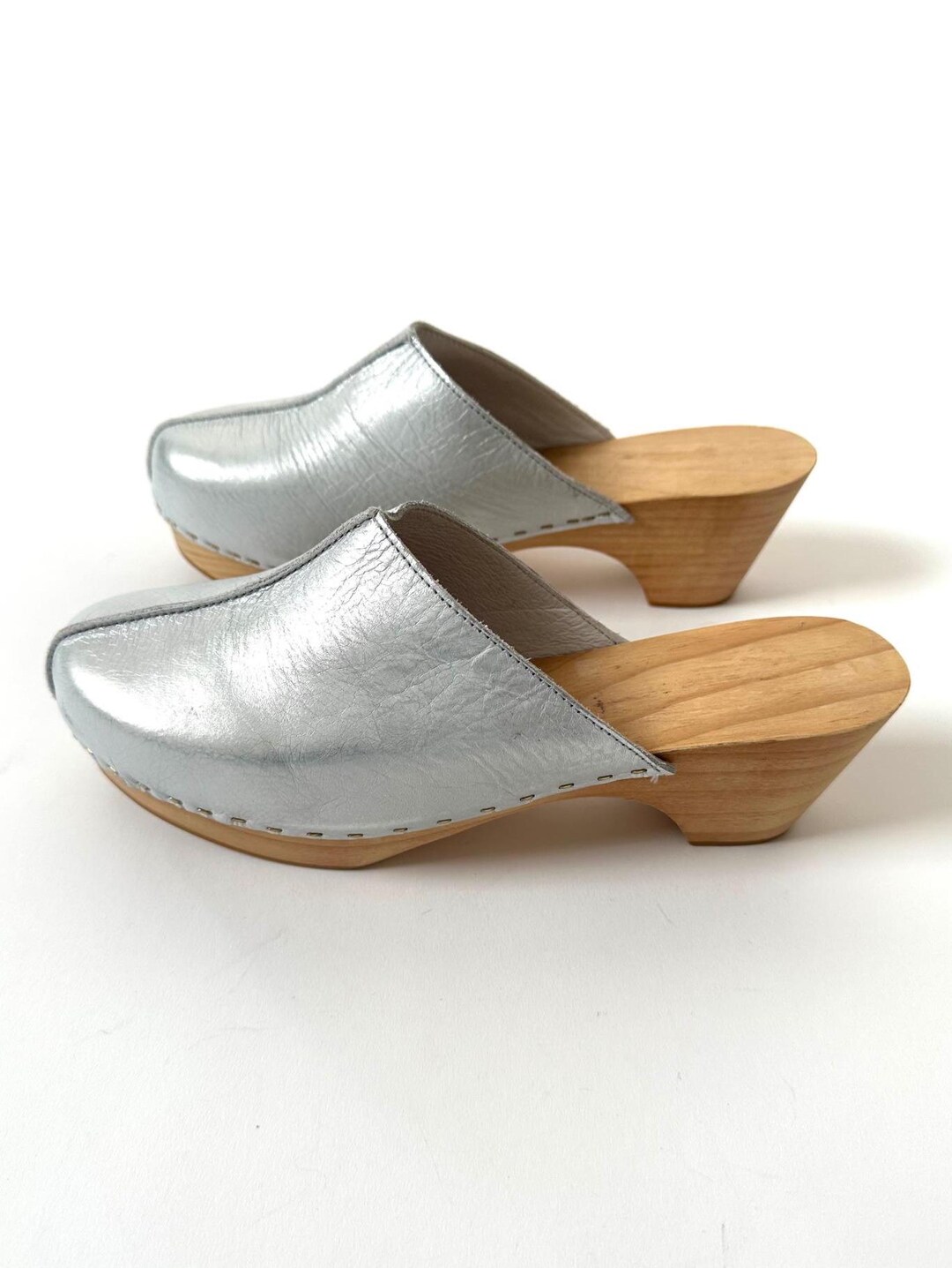 Metallic Silver Leather Clog With Wood Base - Etsy