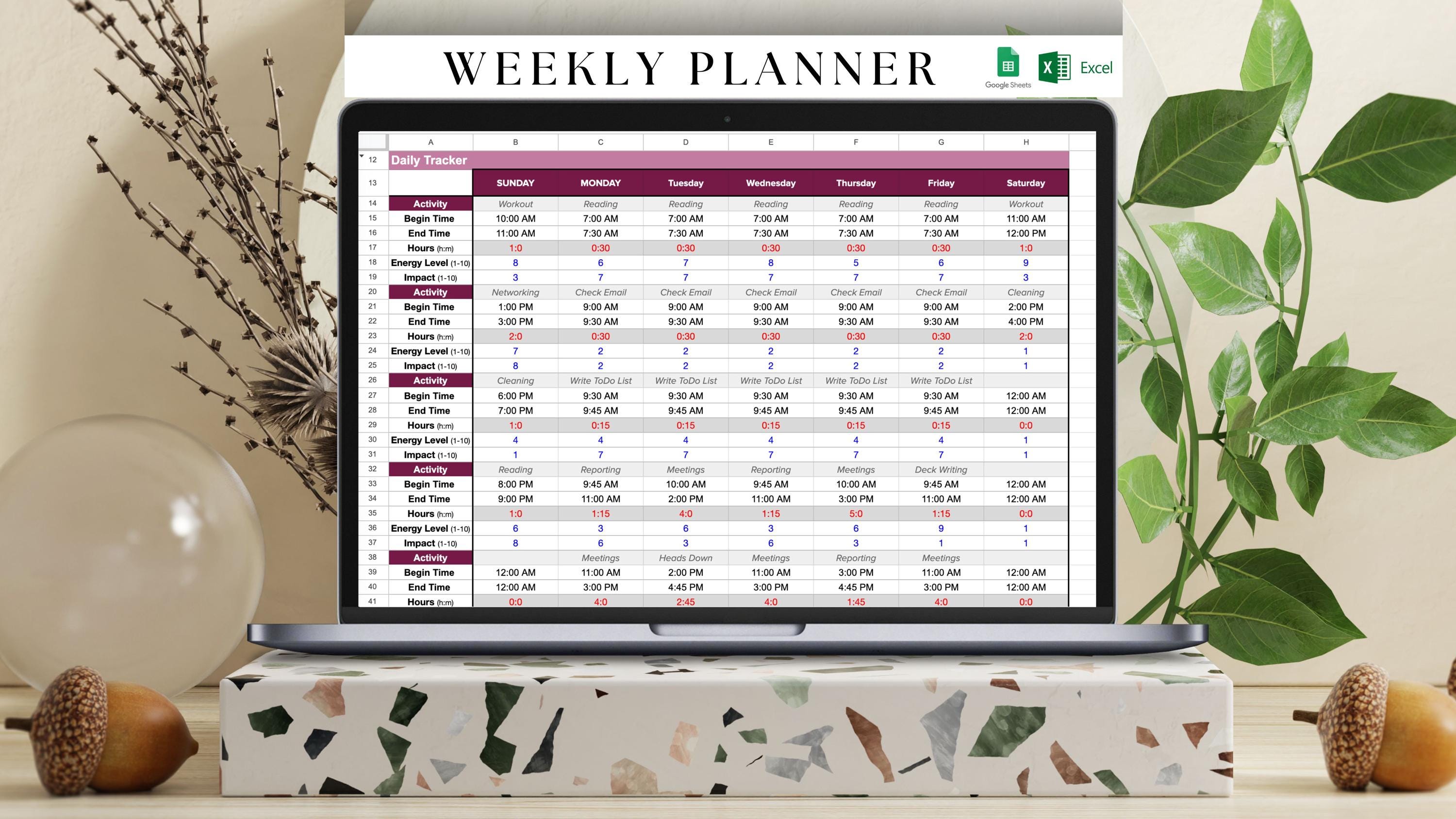 Weekly Planner Excel Template, Daily Task Schedule, To-do List, Excel ...