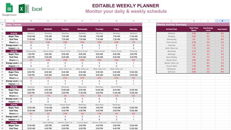 Weekly Planner Excel Template Daily Task Schedule To-do List Excel ...