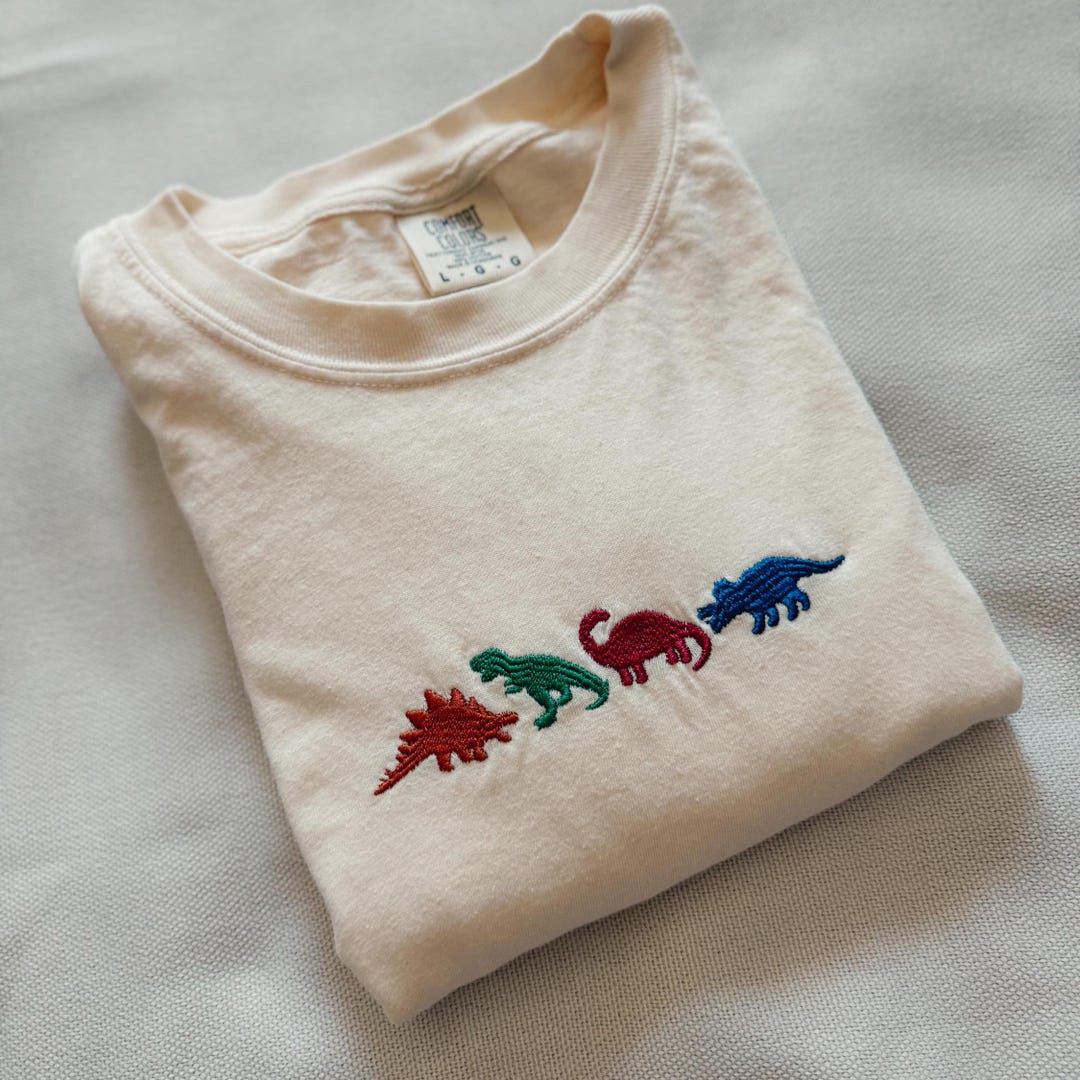 Embroidered Dinosaur Comfort Colors Tee, Dino Embroidered Ultra Soft ...