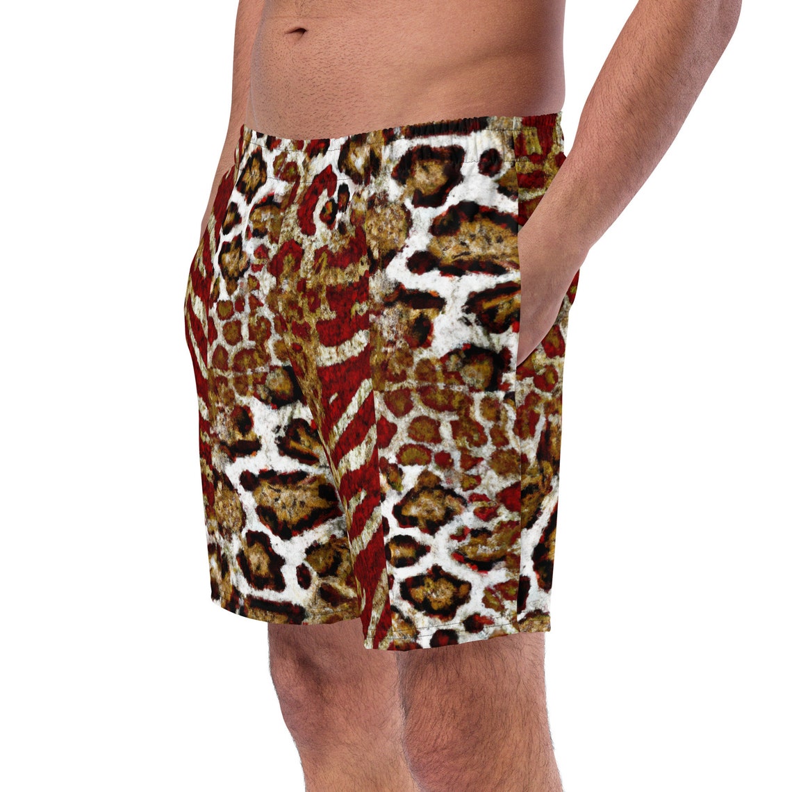 Gym to Swim Shorts, Ruby Leopard Men's Swim Trunks, Psychedelic Leopard ...