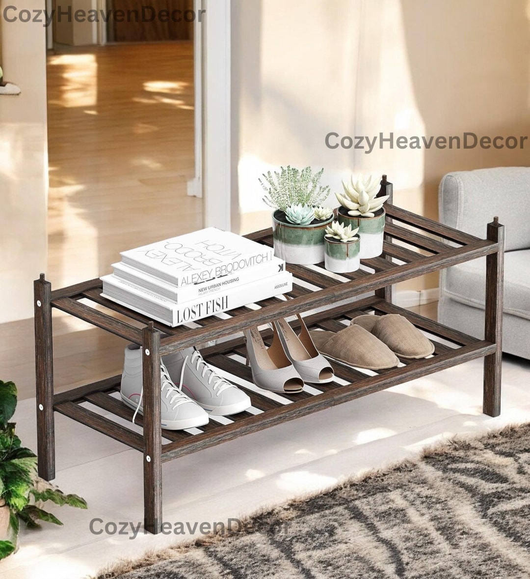 Shoe Rack 2-tier Bamboo Stackable Shoe Shelf Storage Organizer Entryway ...