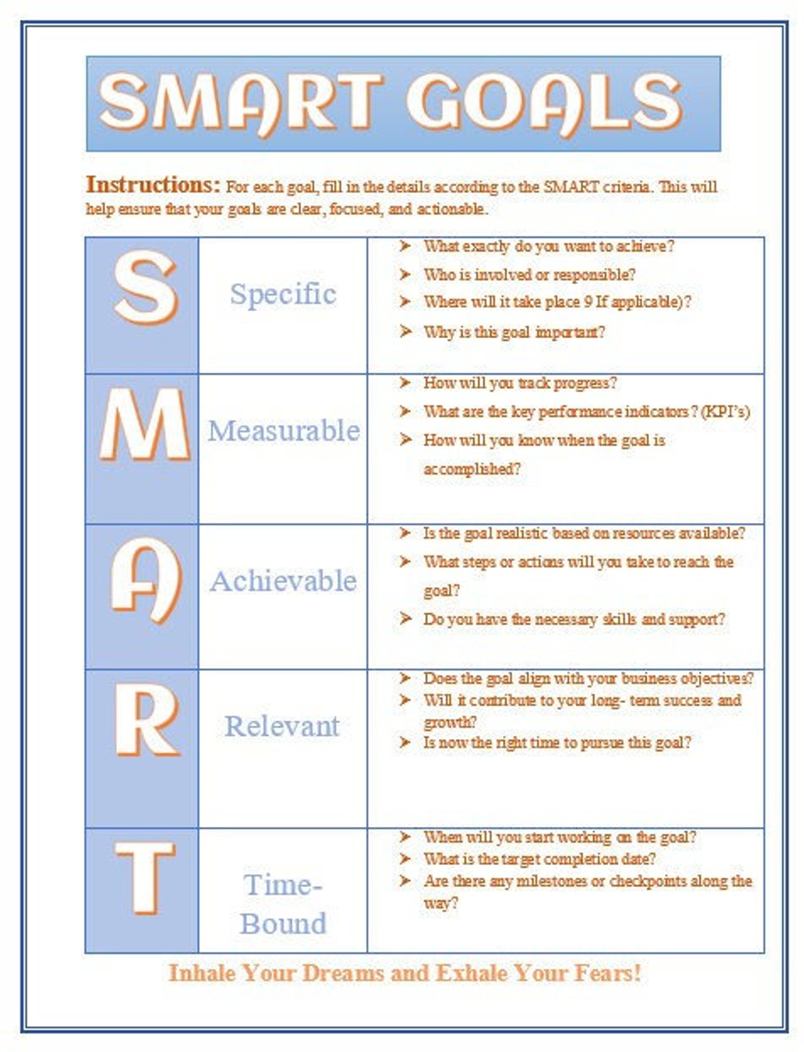 Smart Goals Packet Downloadable Template - Etsy