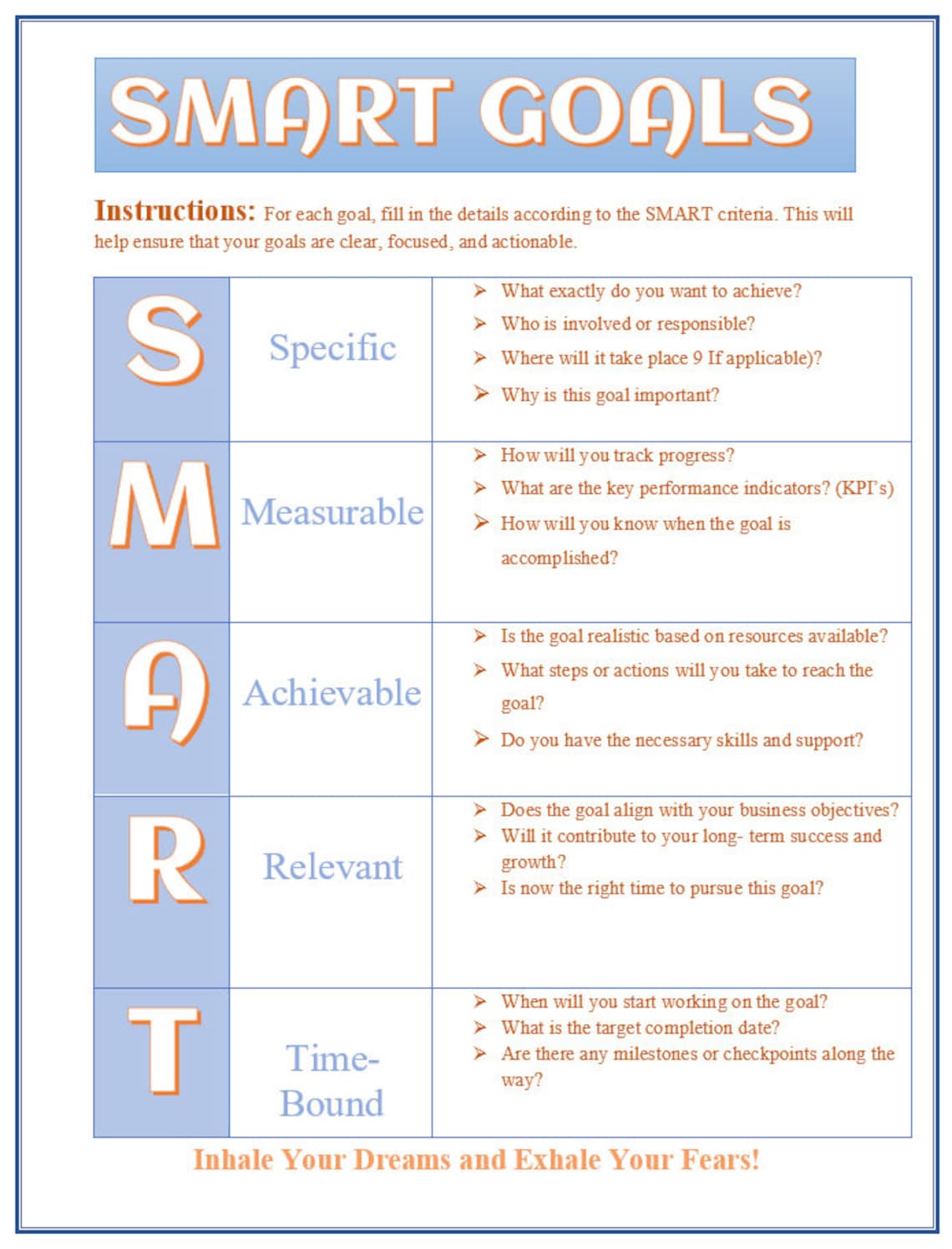 Smart Goals Packet Downloadable Template - Etsy