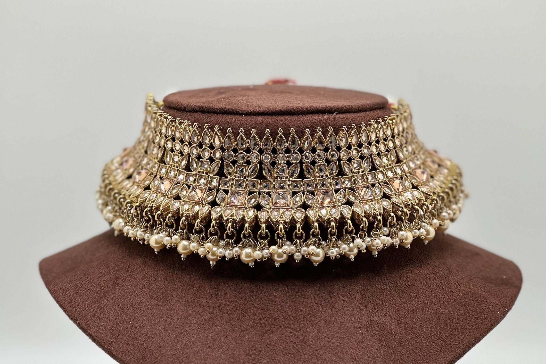 Indian Gold Choker Necklace Set With Earrings and Maang Tikka, Indian ...