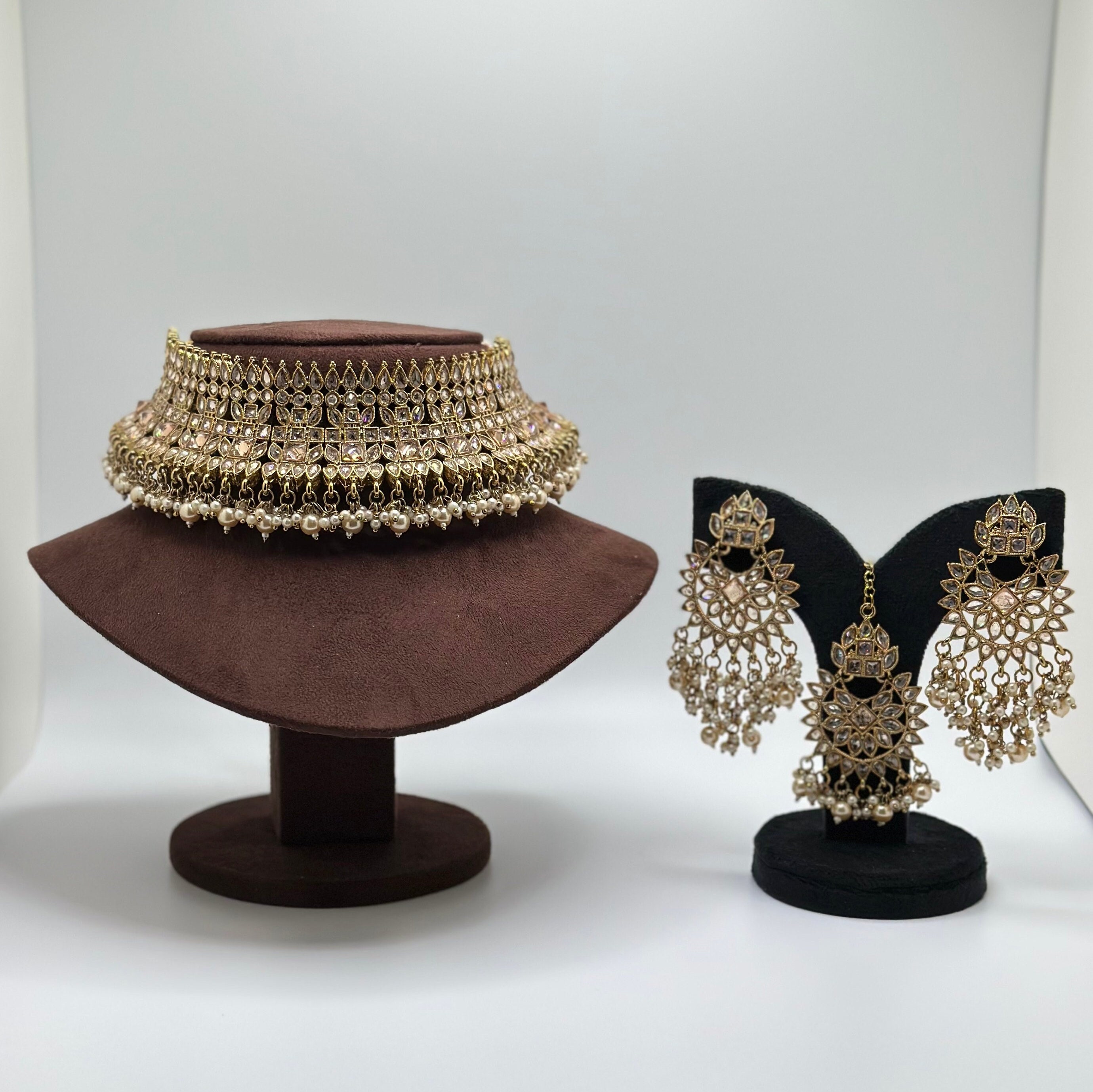 Indian Gold Choker Necklace Set With Earrings and Maang Tikka, Indian ...