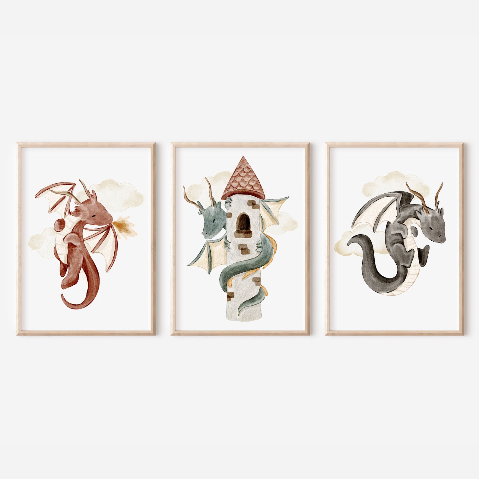 Kids Dragon Art, Dragon Theme Nursery Poster Set, Printable Dragon ...