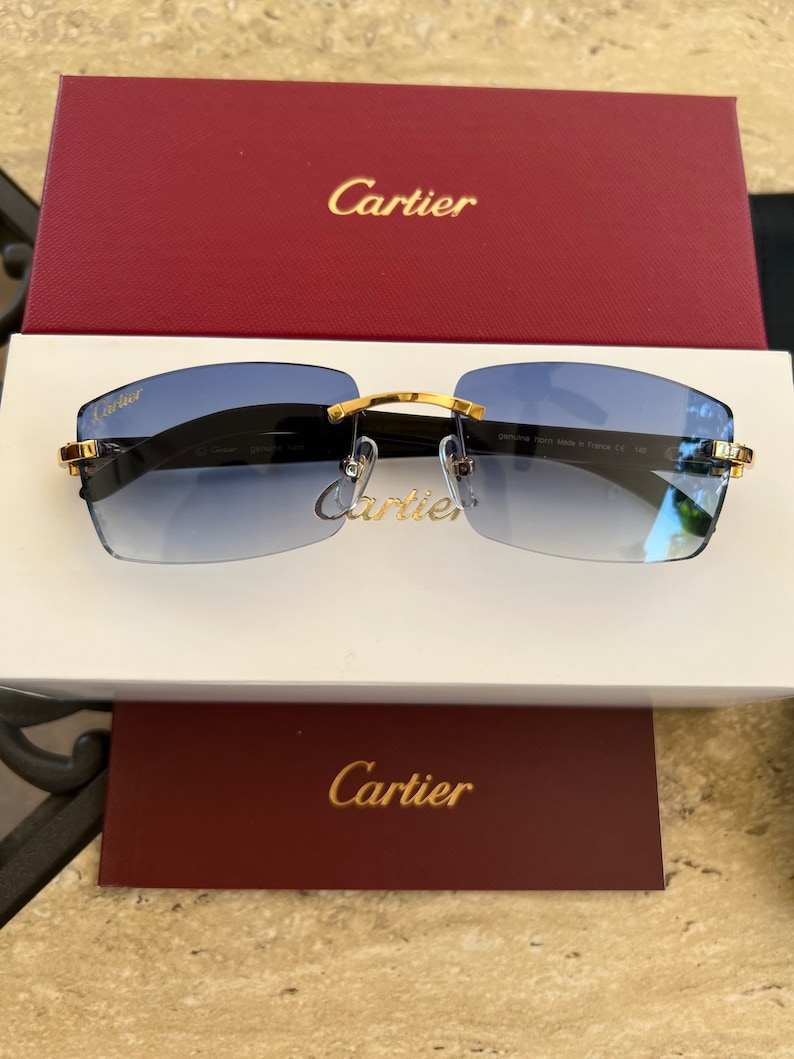 Cartier Sunglasses Buffalo Horn Blue Lense Gold Frame Etsy Canada