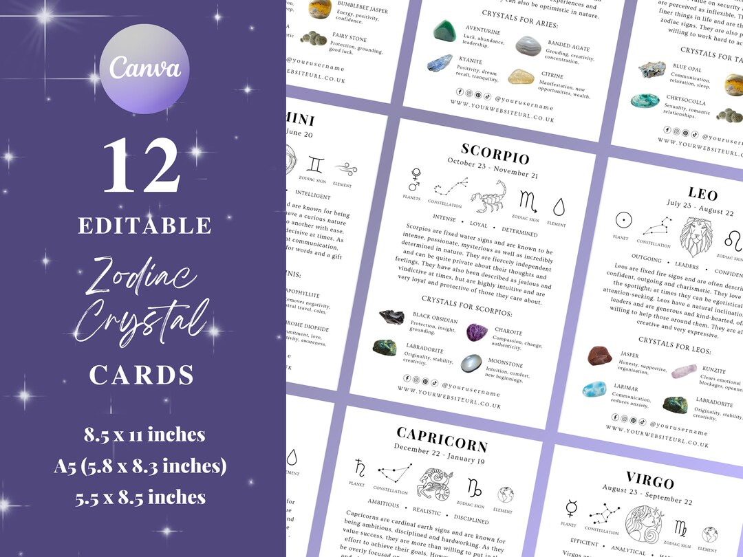 12 Zodiac Crystal Cards, Printable Zodiac Cards, Zodiac Sign Cards ...