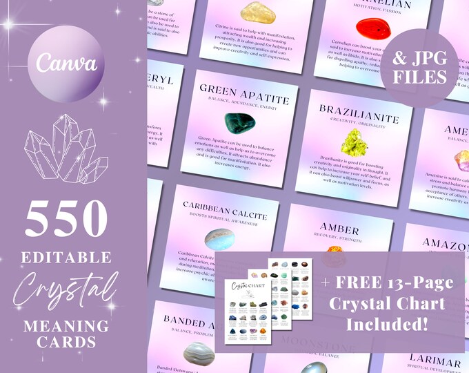 100 Editable Crystal Meaning Cards, Printable Gemstone Meaning Cards ...