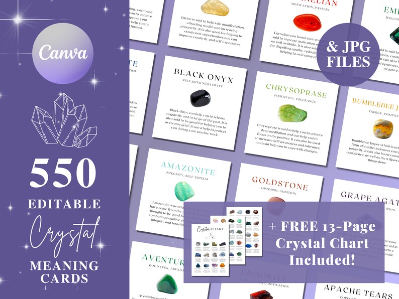 550 Crystal Meaning Cards: Printable Gemstone Guide (canva Template ...