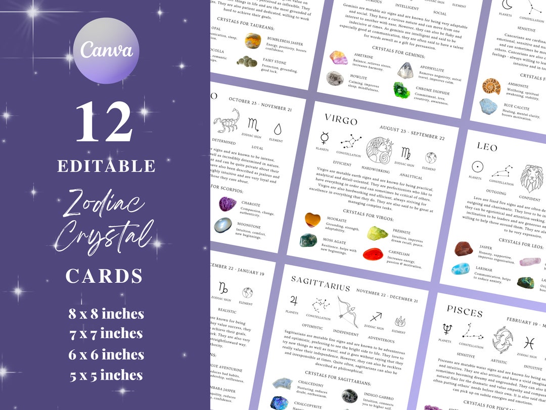 12 Zodiac Crystal Cards, Printable Zodiac Cards, Zodiac Sign Cards ...