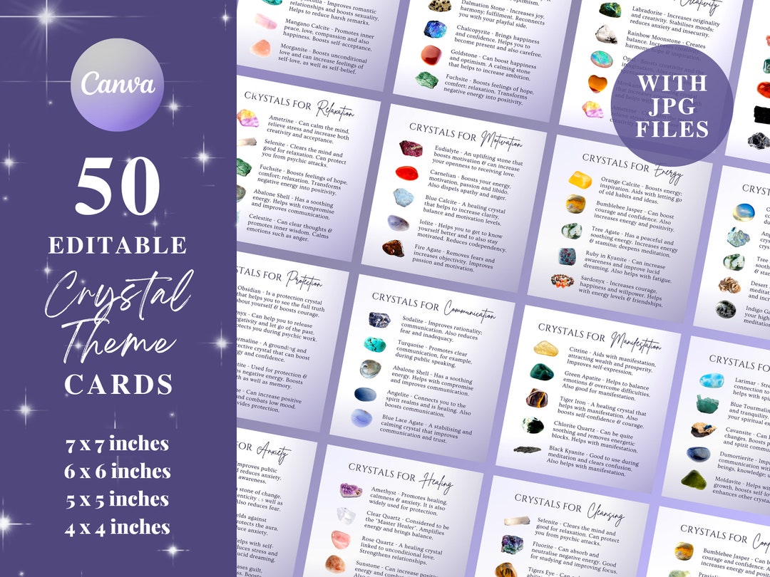 50 Printable Crystal Meaning Cards, Crystal Theme Cards, Crystal Set ...