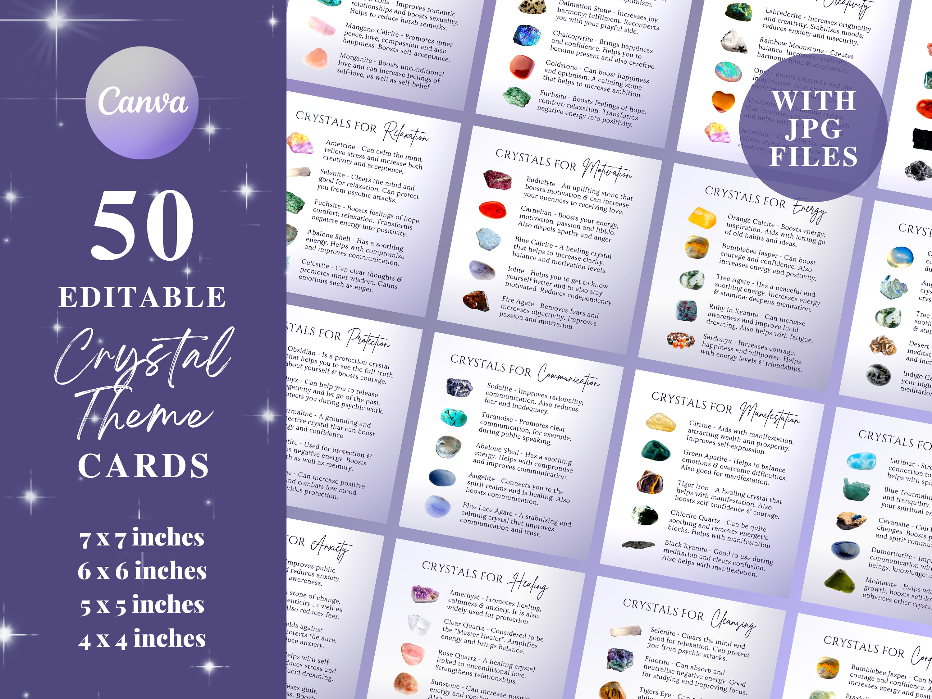 50 Printable Crystal Meaning Cards, Crystal Theme Cards, Crystal Set ...